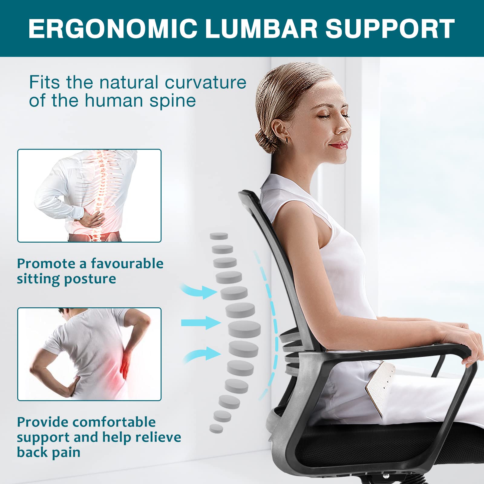 AFO Ergonomic Home Office Desk Chair with Comfortable Lumbar Support, Mid Back, Padded Seat and Armrest, Rocking Mode 360 Degree Swivel Rolling, Breathable Mesh, Adjustable Height, Black