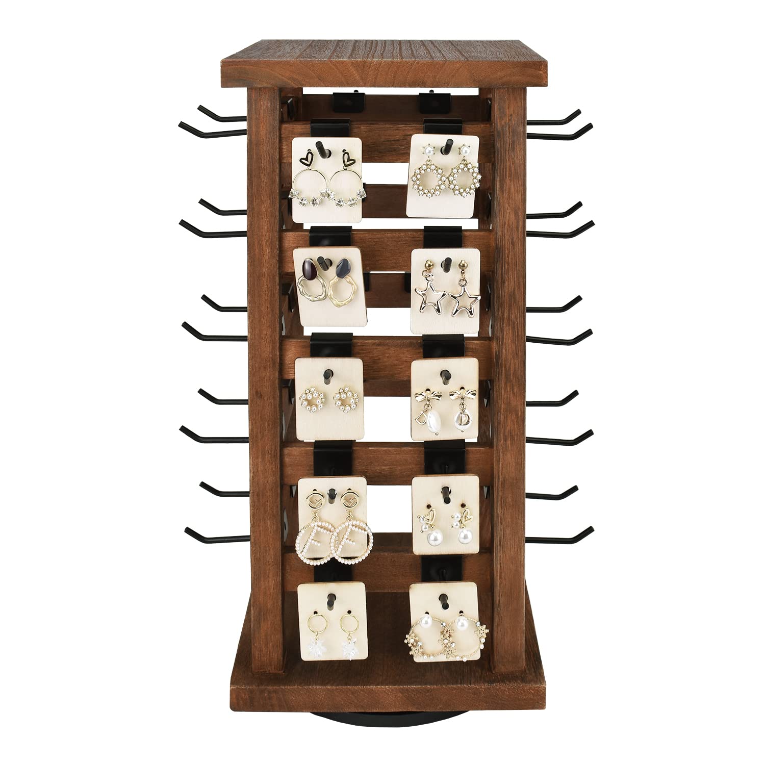 Ikee Design 5 Tiers Easy Assemble Wood Rotating Jewelry Display Tower with 42 Removable Hooks,Spinning Earring Card Storage Display Stand for Store, Showcase, Tradeshow and Home,Brown Color
