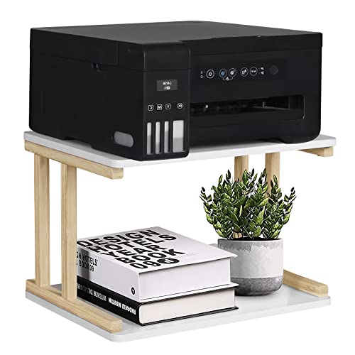 Desktop Printer Stand 2 Tiers, Wooden Bamboo Multipurpose Printer Stand with Anti-Slip Pad, can be Used as a Printer Shelf, Storage Shelf, Desktop Shelf for Printers, Scanners, Documents, Book(White)