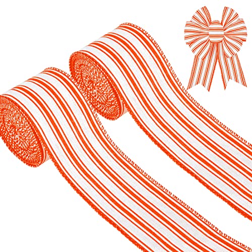 Whaline 2 Rolls Fall Thanksgiving Wired Ribbon Autumn Farmhouse Wired Edge Ribbon Orange Stripe Craft Ribbon for Bow Making Gift Wrapping Sewing Wreath Decoration, 2.5 Inch, 12 Yard