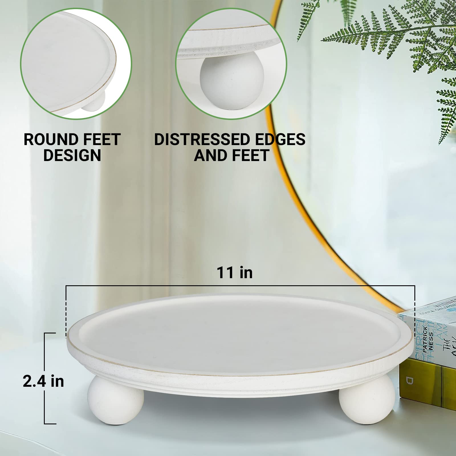 SOWA Farmhouse Round Wood Tray with Risers for Display, Wooden Decorative Tray for Kitchen Decor, Pedestal Stand for Countertop, for Soap Dish on Risers, Footed Rustic Cake Stand
