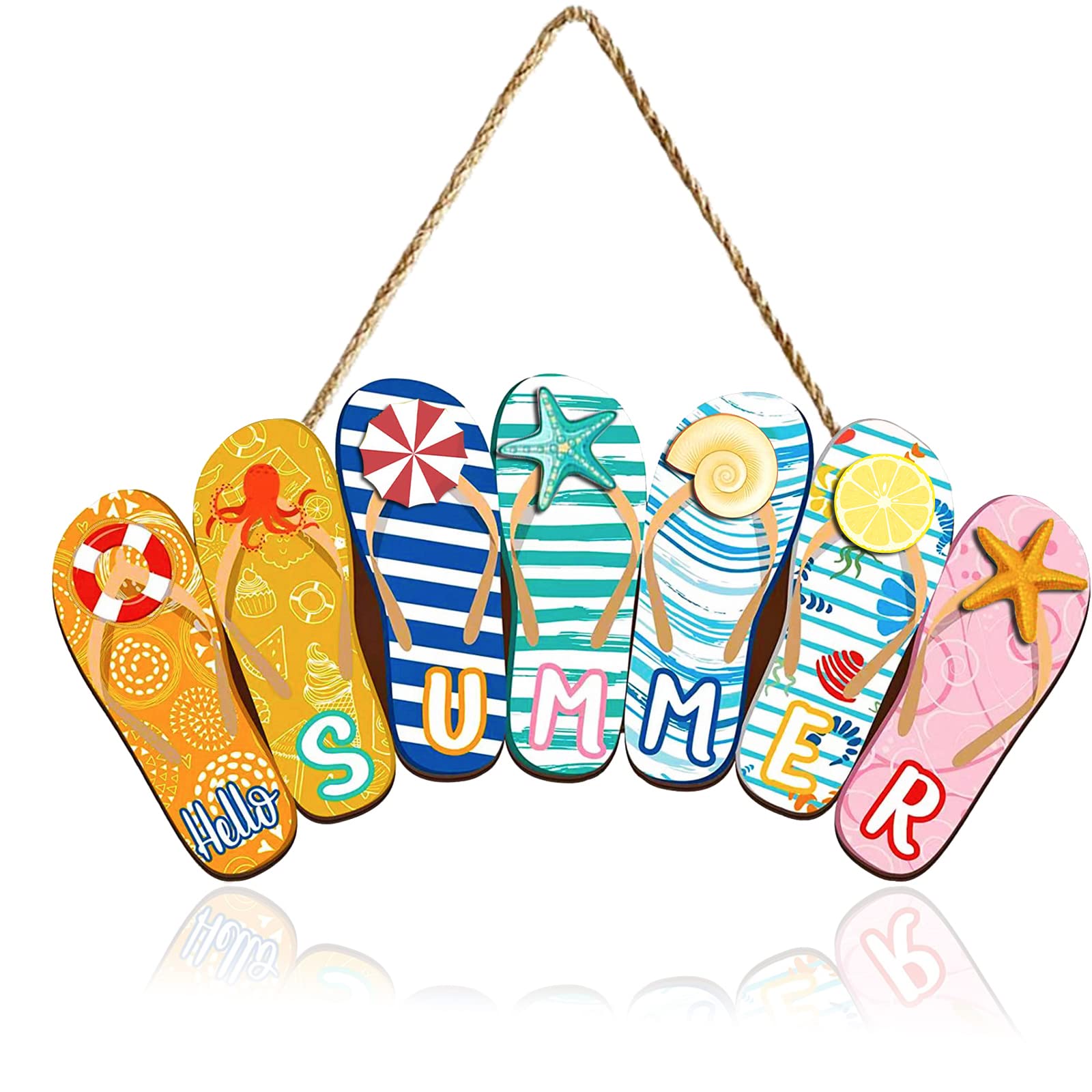 Flip Flops Hello Summer Sign 16" Pool Beach Signs Decor Outdoor Slippers Shaped Porch Front Door Hanging Wall Sign Decorations Welcome Accents for Bathroom Bar Home Yard Garden