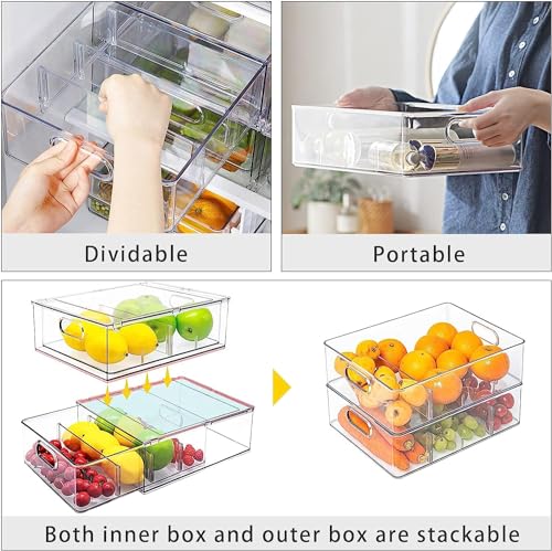 YouLike 4pack Stackable Refrigerator Organizer Bins with Pull-Out Drawer, Fridge Drawers Containers, Refrigerator, Freezer, Vanity & Fridge Organization and Storage(2M+Large+XL)
