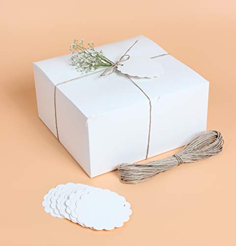 mudrit White Gift Boxes (Pack of 10) Size 8x8x4 Inches, Thick Paper Boxes with Lids, Tags & Jute Rope for Bridesmaid Proposals, Wedding Presents, Birthday Party Favor, Baby Shower and Christmas