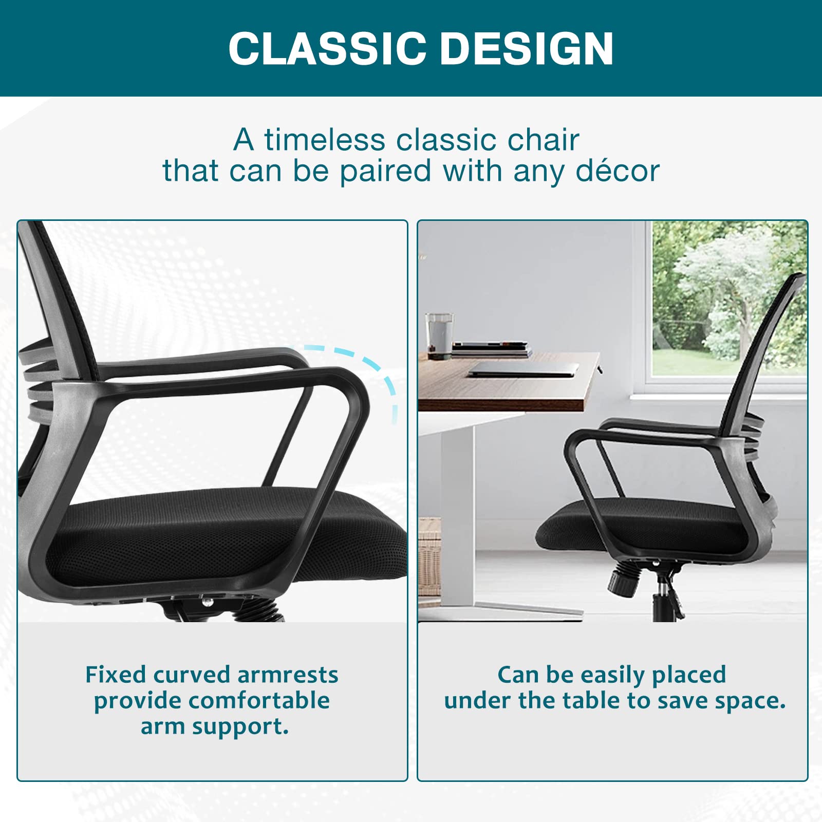 AFO Ergonomic Home Office Desk Chair with Comfortable Lumbar Support, Mid Back, Padded Seat and Armrest, Rocking Mode 360 Degree Swivel Rolling, Breathable Mesh, Adjustable Height, Black
