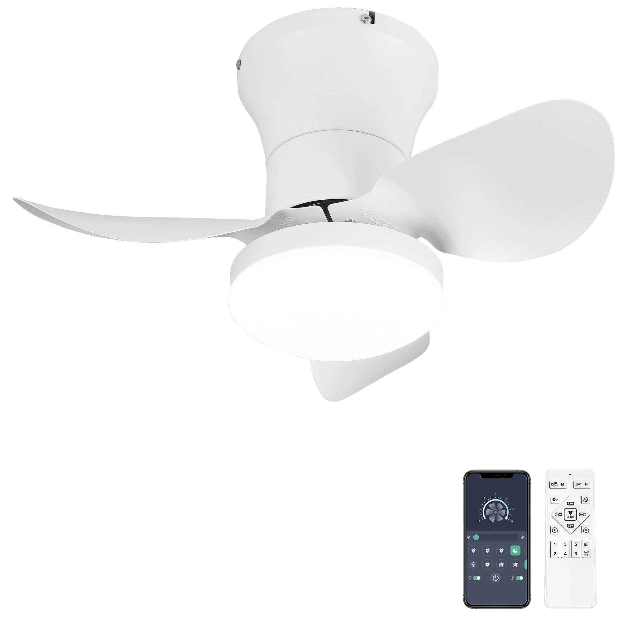 Ohniyou 21'' Small Flush Mount Ceiling Fan with Light, Remote & APP Control, DC Motor, Dimmable, 3 Color Light