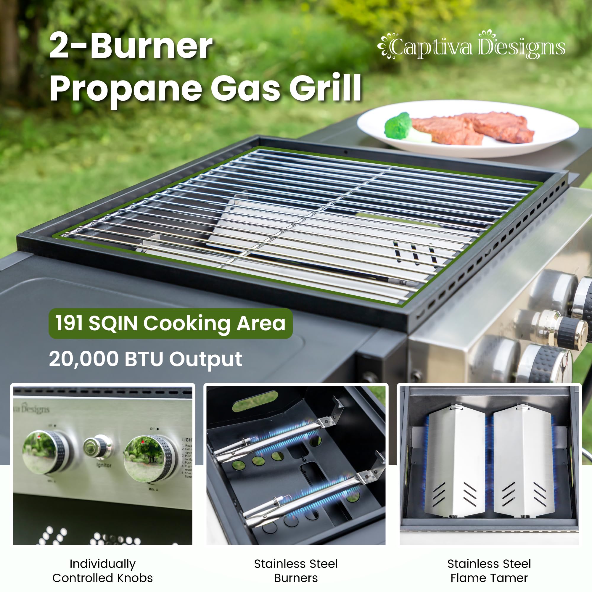 Captiva Designs 2-Burner Propane Gas BBQ Grill with Cast Iron Griddle Pan, 20,000 BTU Output Small Barbecue Grill for Outdoor, Patio, Backyard and Balcony
