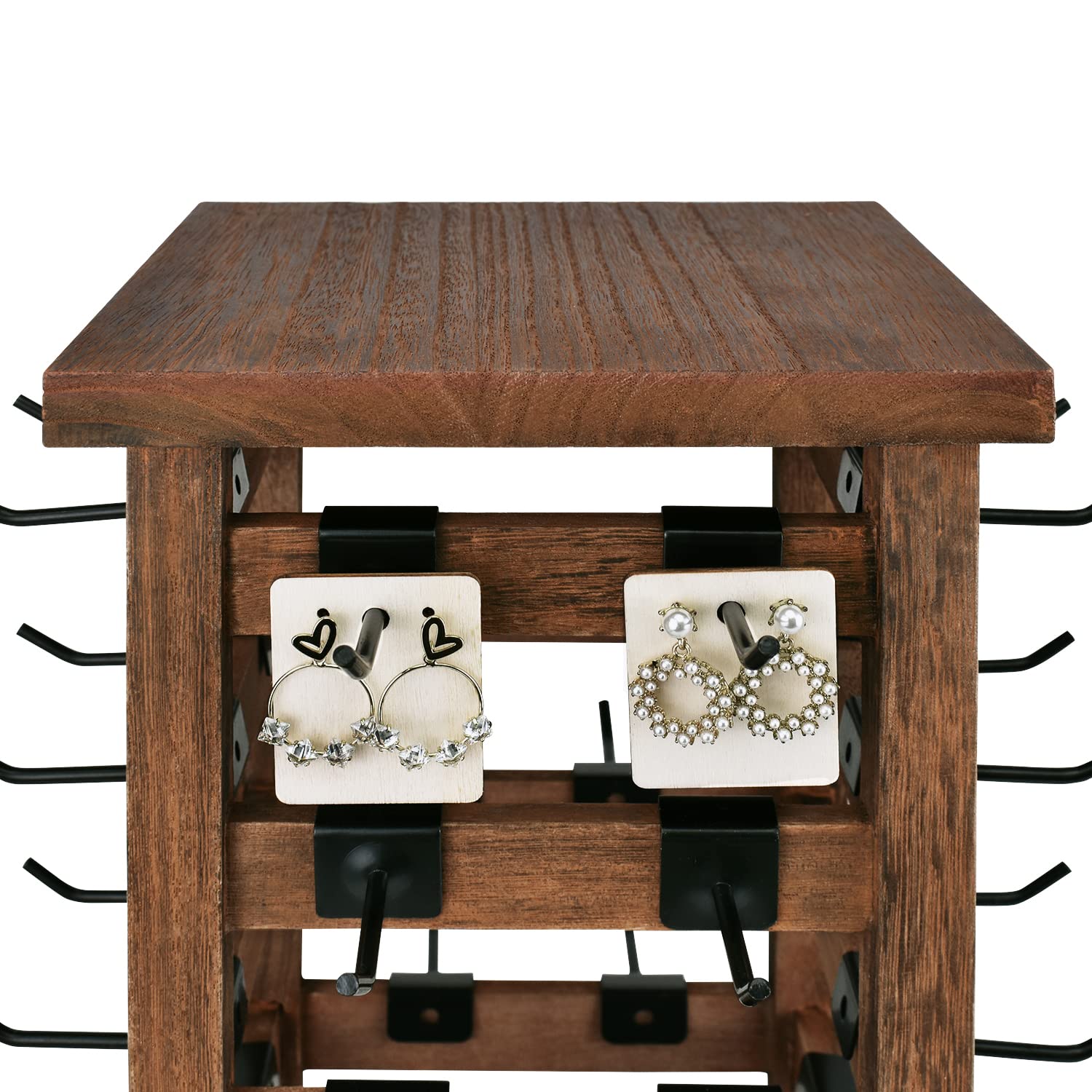 Ikee Design 5 Tiers Easy Assemble Wood Rotating Jewelry Display Tower with 42 Removable Hooks,Spinning Earring Card Storage Display Stand for Store, Showcase, Tradeshow and Home,Brown Color