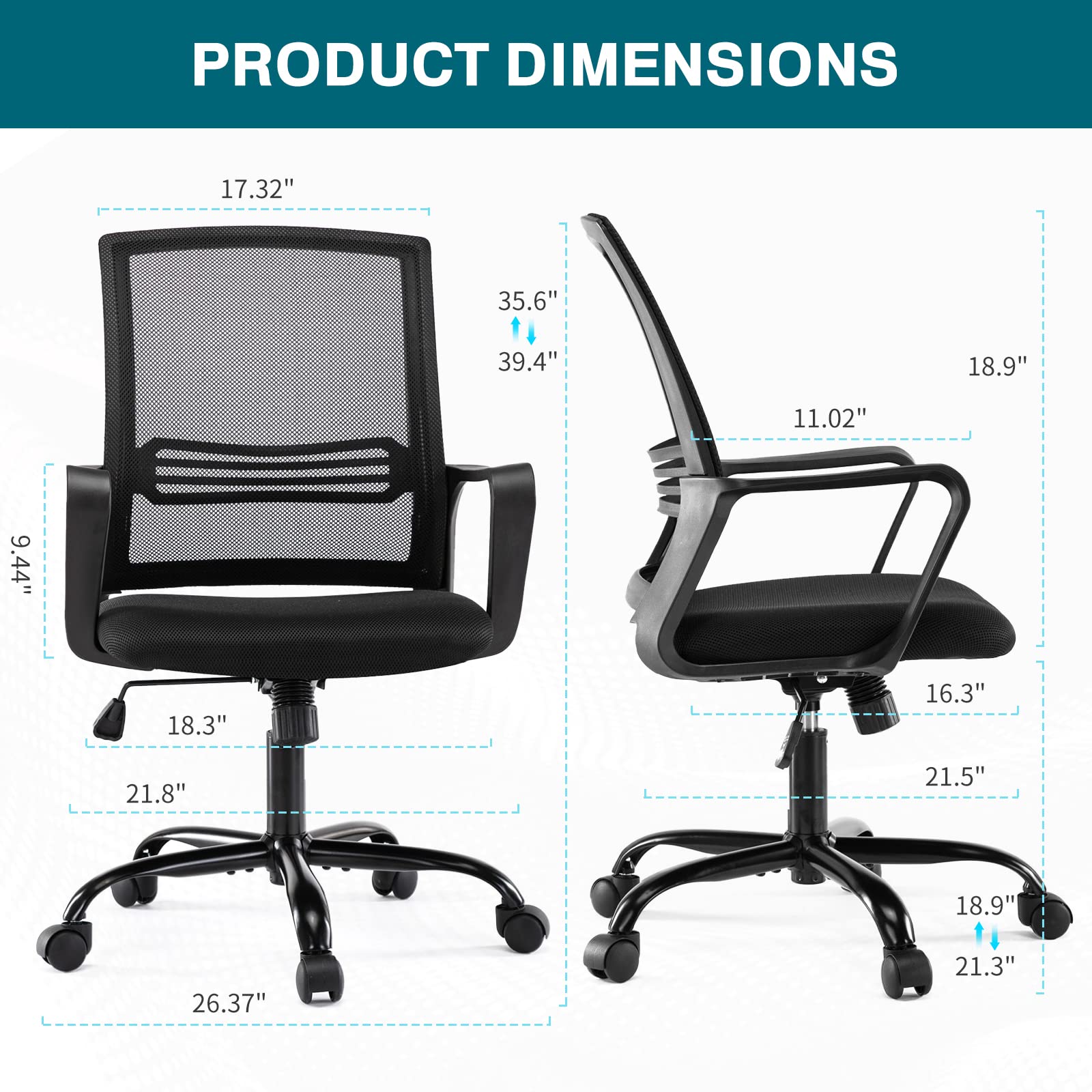 AFO Ergonomic Home Office Desk Chair with Comfortable Lumbar Support, Mid Back, Padded Seat and Armrest, Rocking Mode 360 Degree Swivel Rolling, Breathable Mesh, Adjustable Height, Black