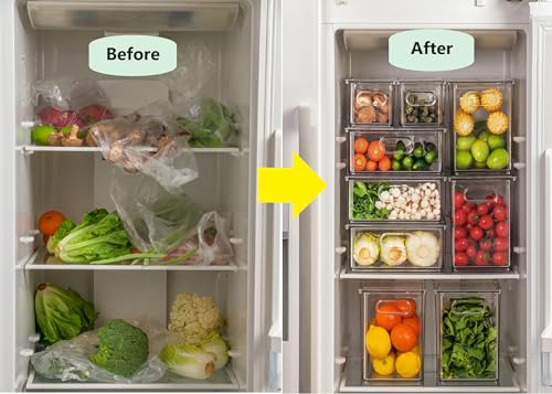 YouLike 4pack Stackable Refrigerator Organizer Bins with Pull-Out Drawer, Fridge Drawers Containers, Refrigerator, Freezer, Vanity & Fridge Organization and Storage(2M+Large+XL)