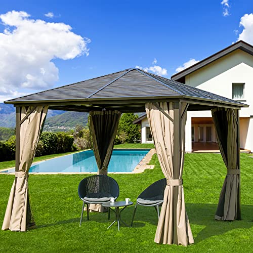 Domi 10'x10' Outdoor Hardtop Gazebo Permanent Canopy with Galvanized Steel Single Roof, Aluminum Frame,Curtains and Netting for Patios,Backyard,Lawns