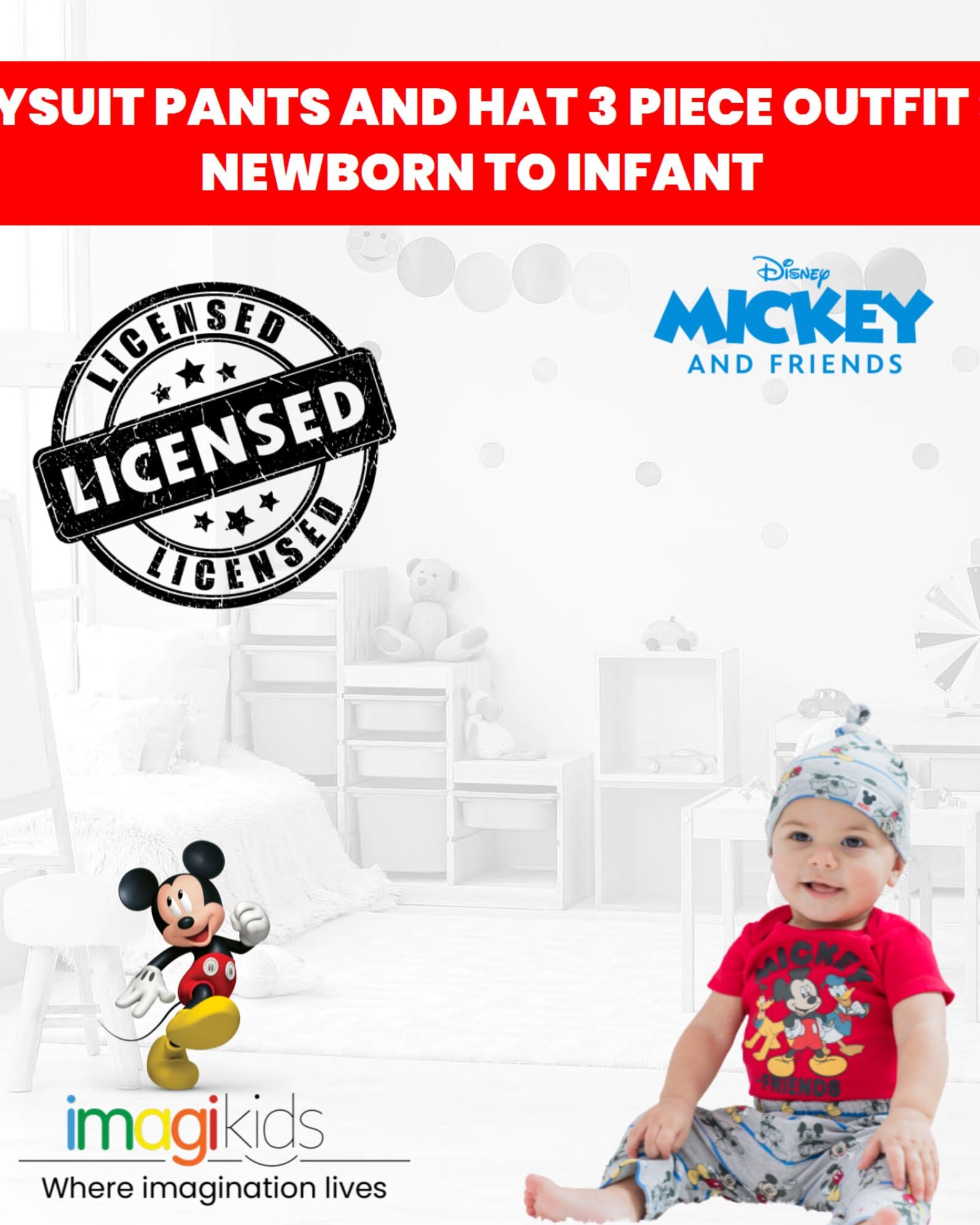 Disney Donald Duck Pluto Mickey Mouse Infant Baby Boys 3 Piece Outfit Set Cuddly Bodysuit Pants Hat 3-6 Months