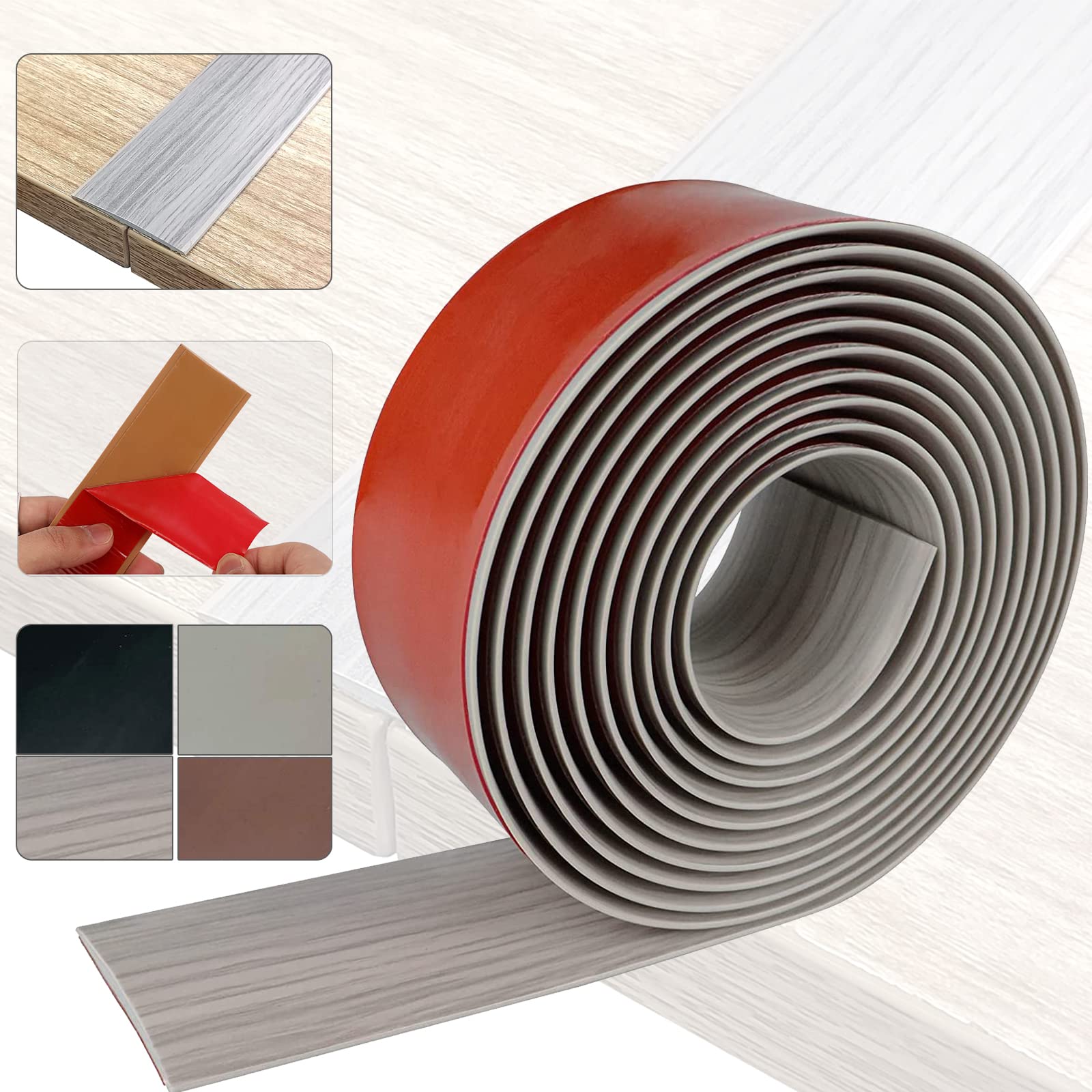DAILISEN Self Adhesive Vinyl Flat Floor Transition Trim Strip,Wood Floor Gap Cover Strips,for Laminate,Wood to Vinyl,Door,Floor Gap Cover and Joining.Wood Grain,78.7in L x 1.57in W, Grey