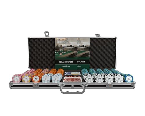 Bullets Poker Set, 2 Plastic Card, Dice, Dealer Button, Manual & Travel Case – with Case for Texas Hold’em, Casino Games, & Prominence – Ideal Poker Set with Chips and Cards, 500 Clay 'Carmela' Chips.