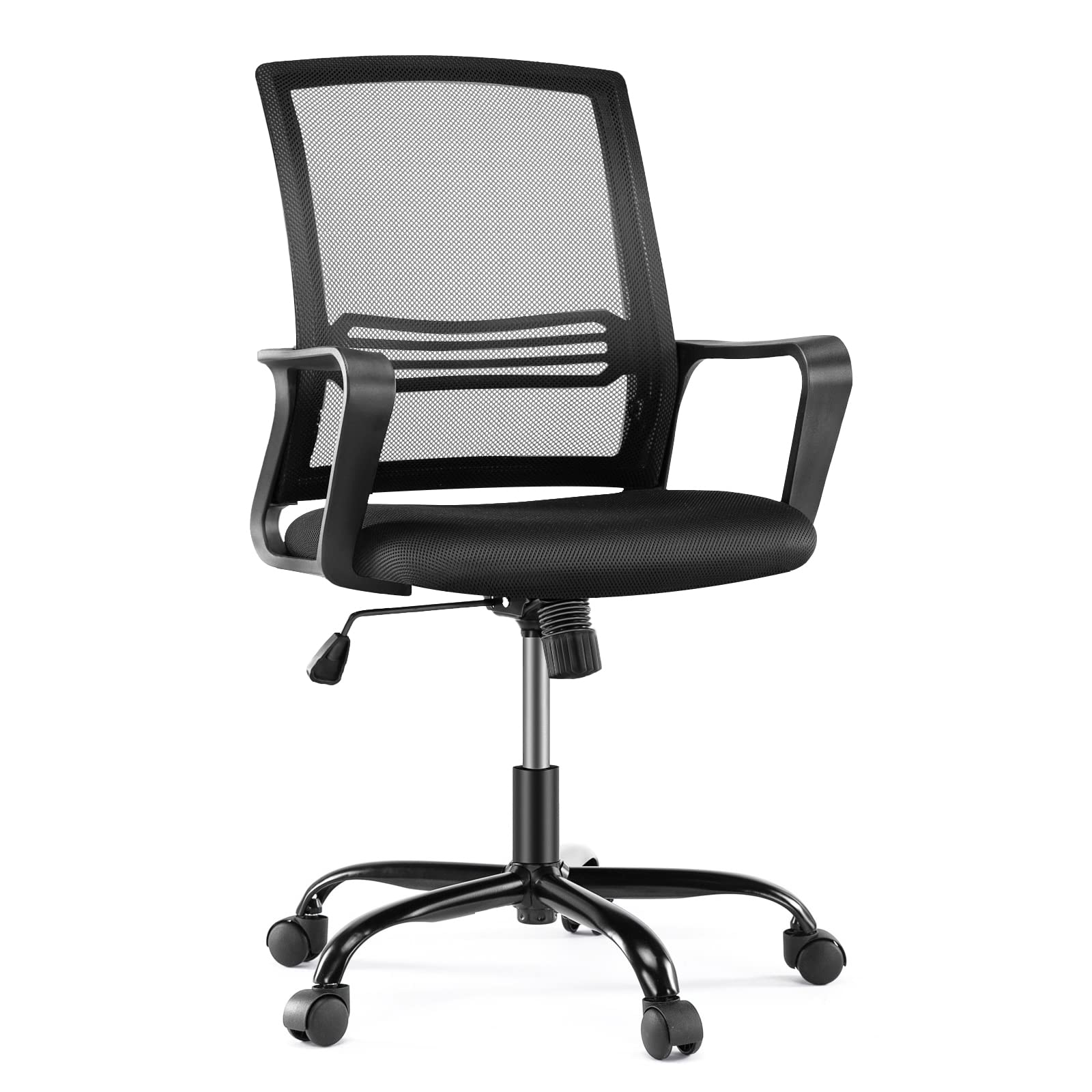 AFO Ergonomic Home Office Desk Chair with Comfortable Lumbar Support, Mid Back, Padded Seat and Armrest, Rocking Mode 360 Degree Swivel Rolling, Breathable Mesh, Adjustable Height, Black