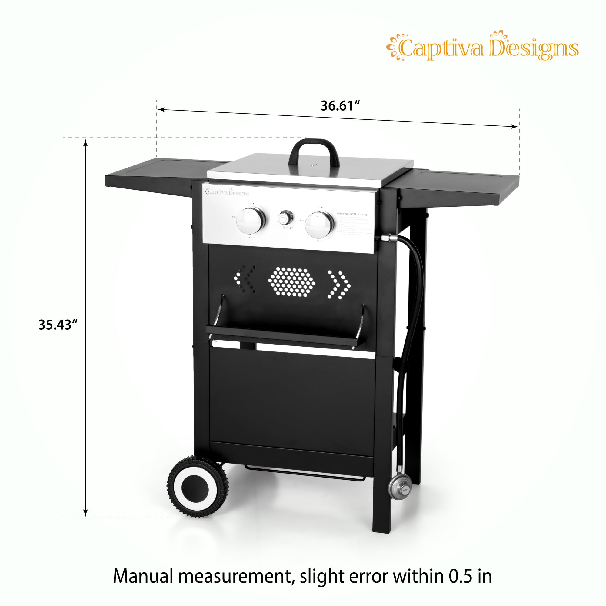 Captiva Designs 2-Burner Propane Gas BBQ Grill with Cast Iron Griddle Pan, 20,000 BTU Output Small Barbecue Grill for Outdoor, Patio, Backyard and Balcony