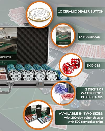 Bullets Poker Set, 2 Plastic Card, Dice, Dealer Button, Manual & Travel Case – with Case for Texas Hold’em, Casino Games, & Prominence – Ideal Poker Set with Chips and Cards, 500 Clay 'Carmela' Chips.