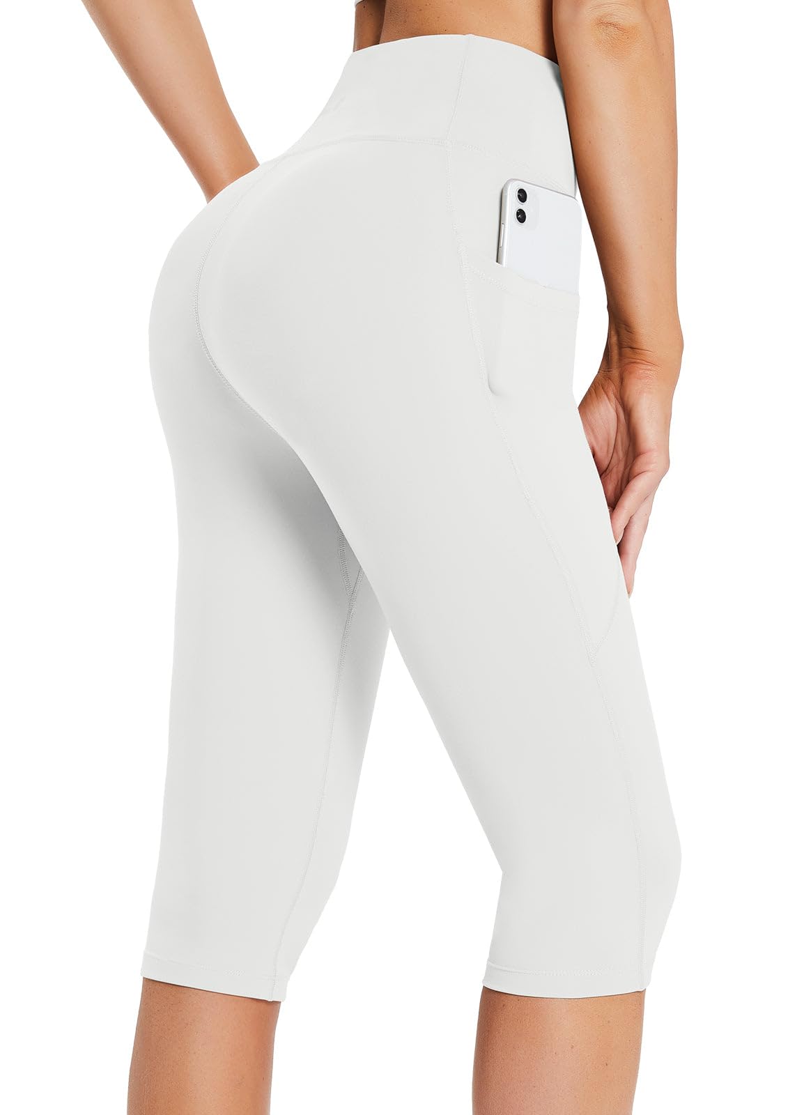 baleaf Women's High Waisted Capris Casual Summer Knee Length Leggings Petite Yoga Casual Workout Exercise Capris with Pockets White XL