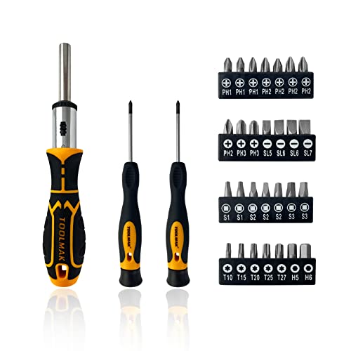 Ratcheting Screwdriver Set TOOLMAK 31pcs Magnetic Screwdriver Bit Set with 2pcs Precision Screwdriver, Repair Tool Kits for Furniture Car Bike Computer