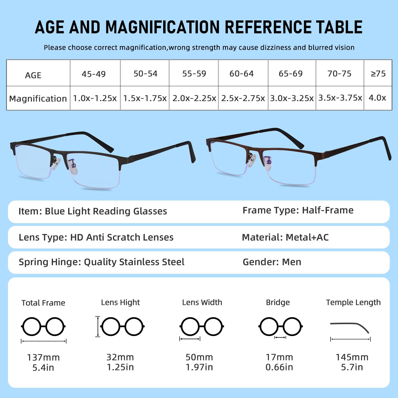 Anourney 3-Pack Reading Glasses for Men, Lightweight Metal Half Frame Blue Light Blocking Computer Readers, Filter UV Ray/Computer Glare with Spring Hinge Eyeglasses(3PCS Black,+1.25)