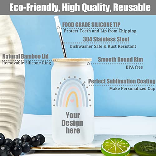 WindMage 4 packs 16 oz Frosted Sublimation Glass Cans Blanks with Bamboo Lid, Stainless Straw, Brush, Silicone Tip, Reusable Drinking Beer Cans Iced Coffee Glasses Jar Tumbler Cups
