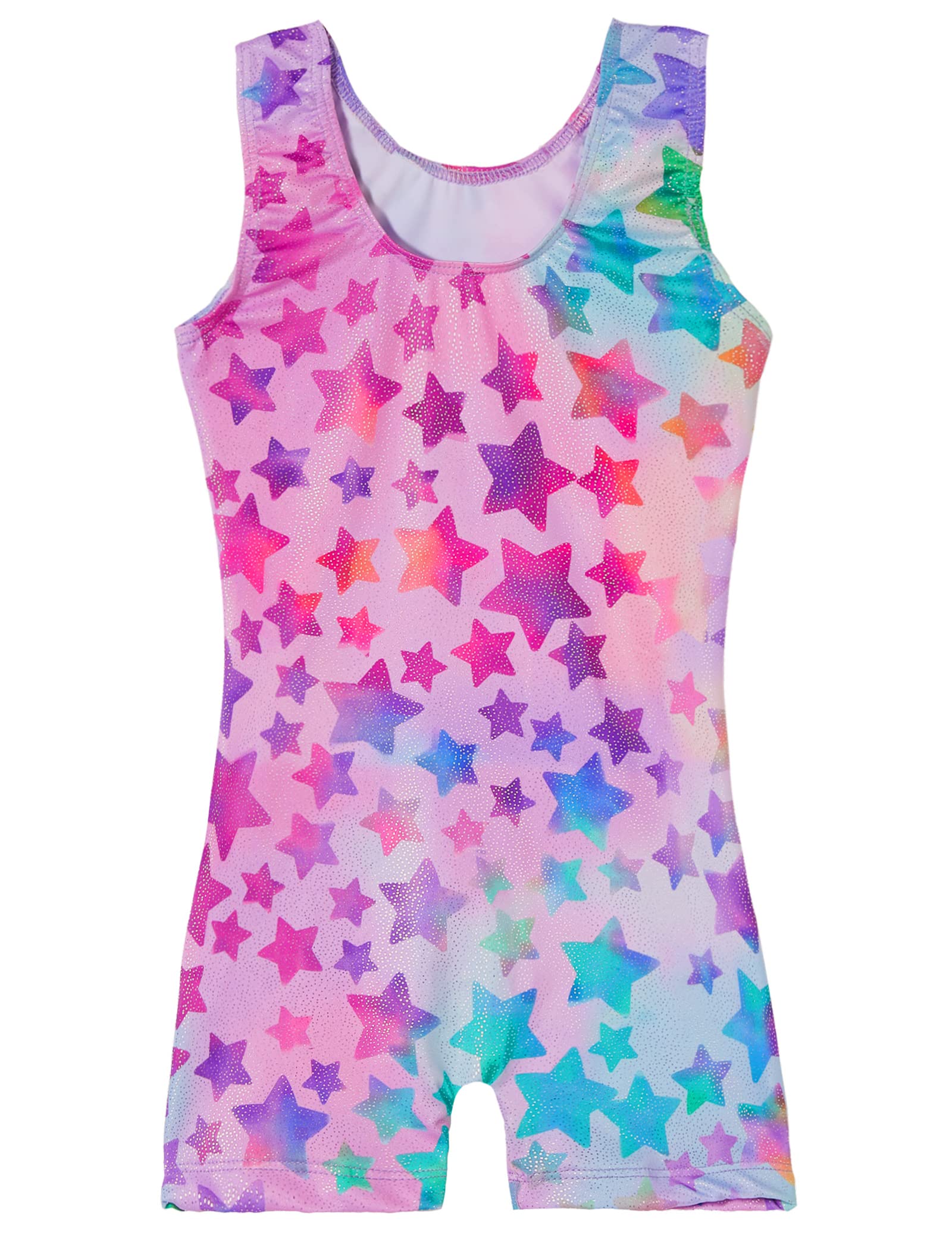 TENVDA Gymnastics Leotards for Girls 7-8 Years Old Sparkly Hotpink Stars Print Tank Biketard with Shorts Kids Unitard