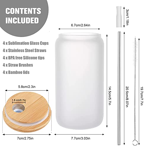 WindMage 4 packs 16 oz Frosted Sublimation Glass Cans Blanks with Bamboo Lid, Stainless Straw, Brush, Silicone Tip, Reusable Drinking Beer Cans Iced Coffee Glasses Jar Tumbler Cups