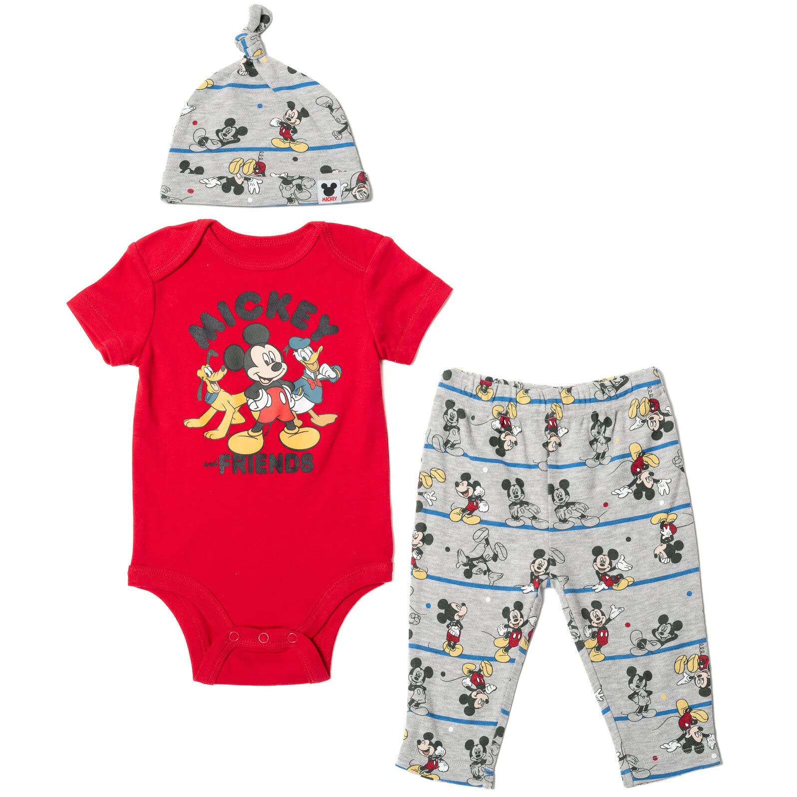 Disney Donald Duck Pluto Mickey Mouse Infant Baby Boys 3 Piece Outfit Set Cuddly Bodysuit Pants Hat 3-6 Months