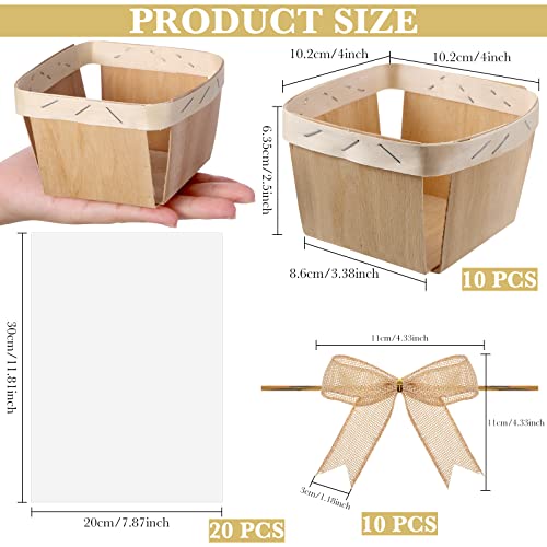 Yerliker 10 Set Wooden Gift Baskets Imitation Jute Bows Clear Treat Bags Set for Christmas Picking Fruit Birthday Decorations Wedding Gift Packages()