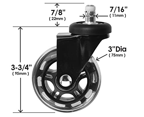 Slipstick CB690 Floor Protecting Rubber Office Chair Caster Wheels (Set ff 5), Roller Style, Universal 7/16" Stem, 3" Black Castors