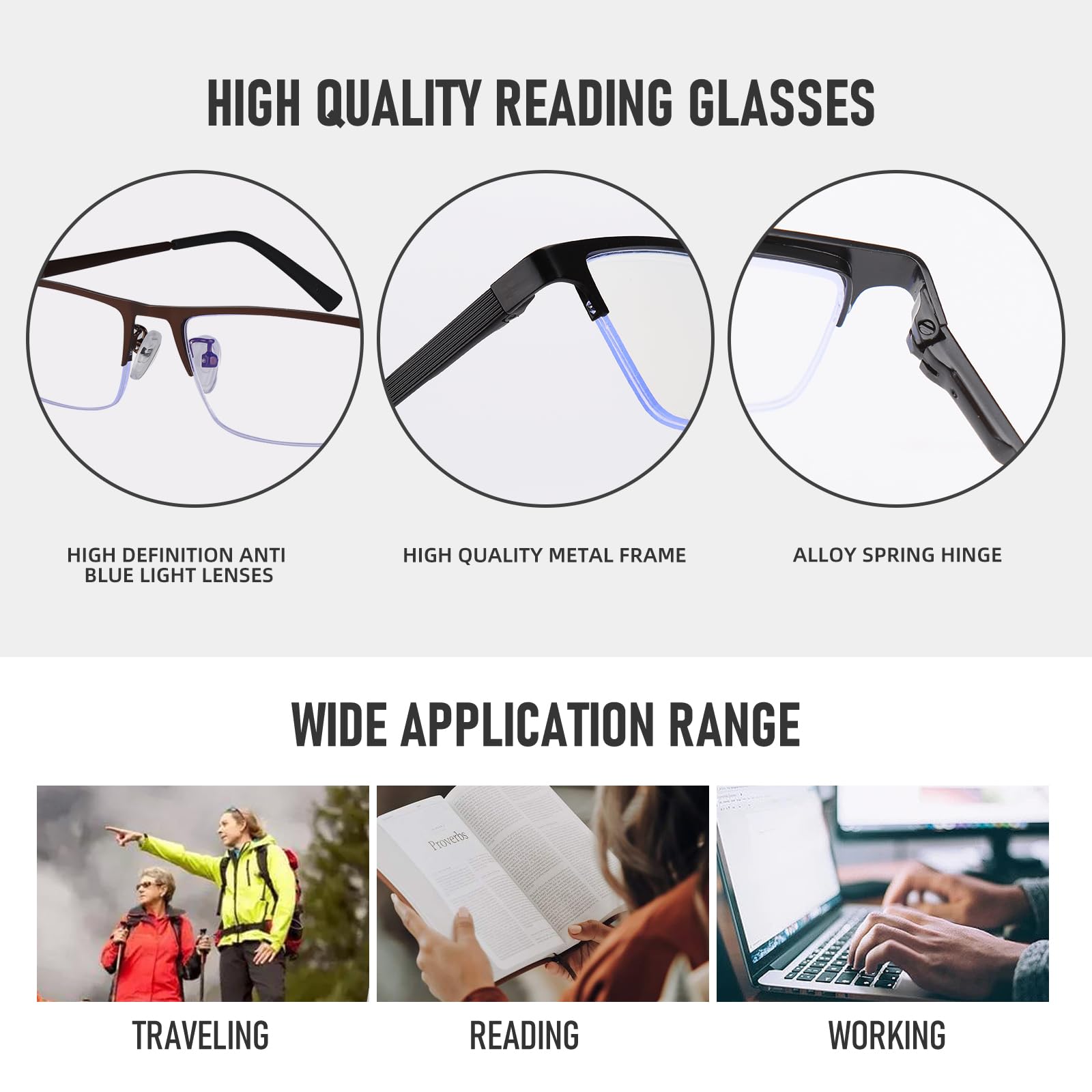 Anourney 3-Pack Reading Glasses for Men, Lightweight Metal Half Frame Blue Light Blocking Computer Readers, Filter UV Ray/Computer Glare with Spring Hinge Eyeglasses(3PCS Black,+1.25)