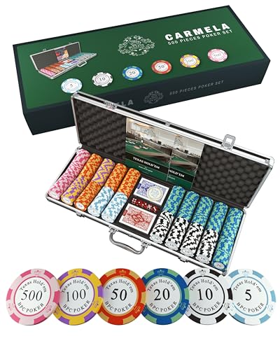 Bullets Poker Set, 2 Plastic Card, Dice, Dealer Button, Manual & Travel Case – with Case for Texas Hold’em, Casino Games, & Prominence – Ideal Poker Set with Chips and Cards, 500 Clay 'Carmela' Chips.