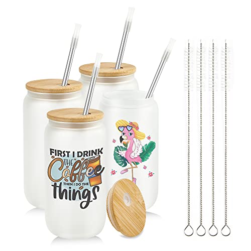 WindMage 4 packs 16 oz Frosted Sublimation Glass Cans Blanks with Bamboo Lid, Stainless Straw, Brush, Silicone Tip, Reusable Drinking Beer Cans Iced Coffee Glasses Jar Tumbler Cups