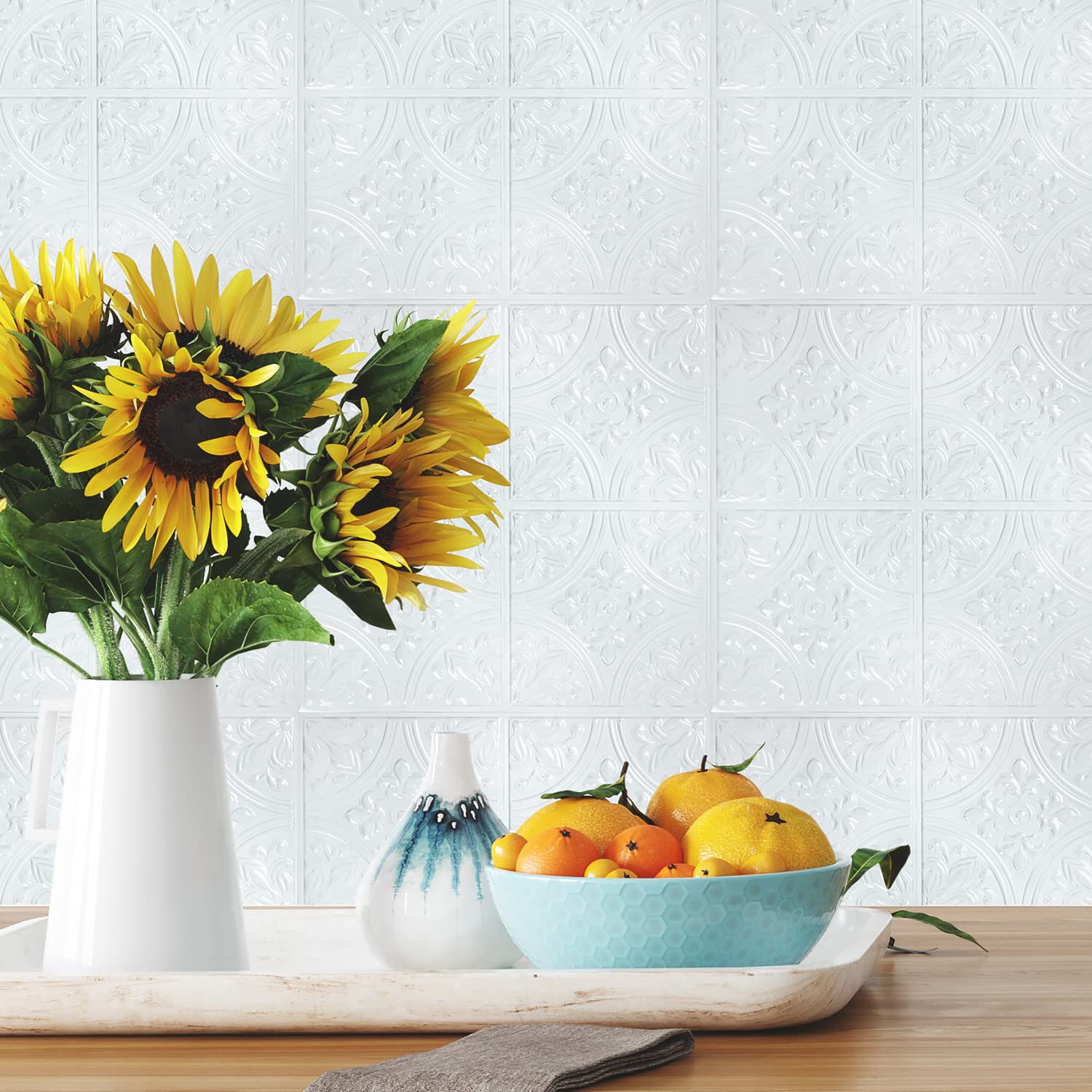RoomMates TIL5014FLT Bright White Tin Tile Peel and Stick Backsplash