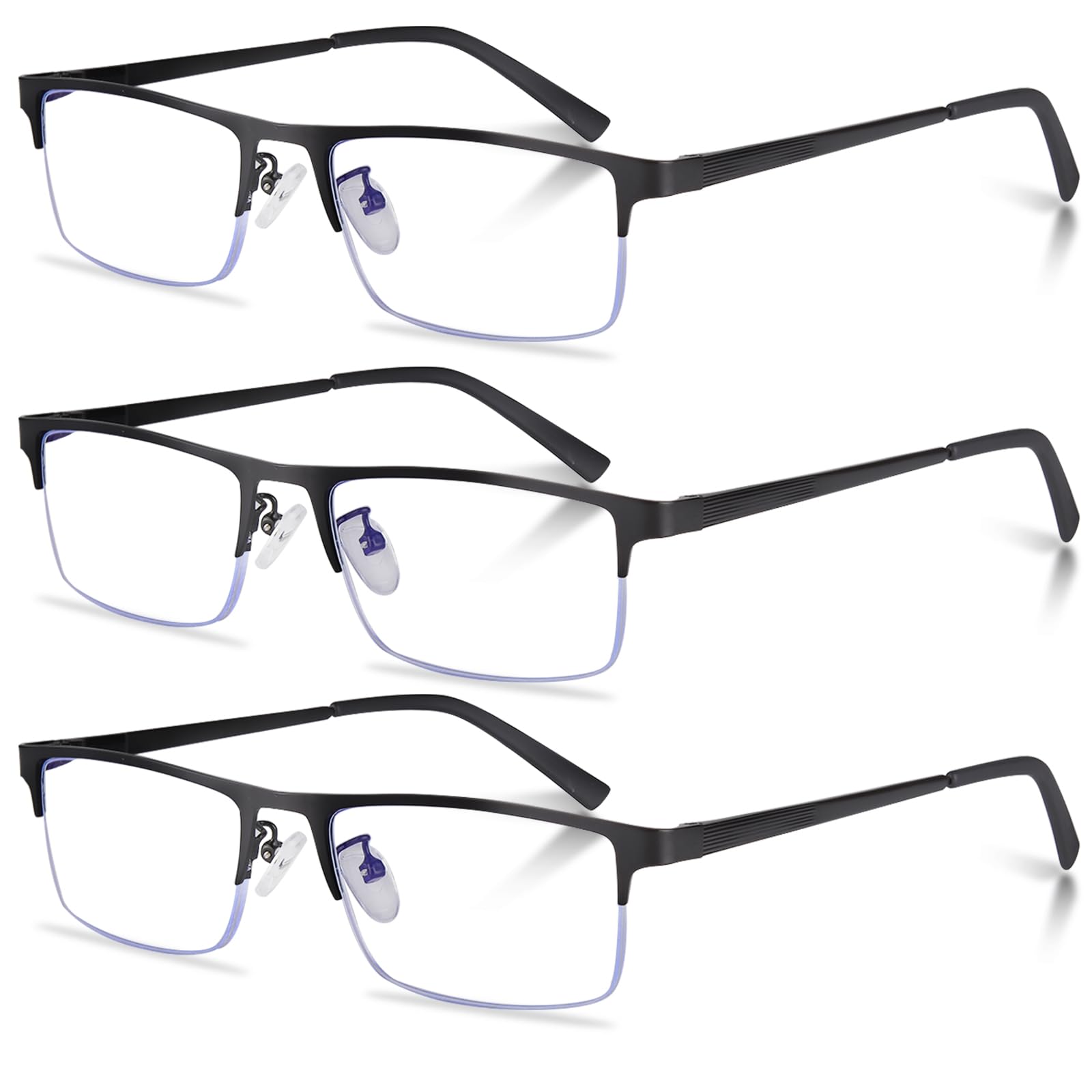 Anourney 3-Pack Reading Glasses for Men, Lightweight Metal Half Frame Blue Light Blocking Computer Readers, Filter UV Ray/Computer Glare with Spring Hinge Eyeglasses(3PCS Black,+1.25)