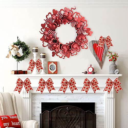Meseey 12 Pcs 6 Inch Red Heart Printed Burlap Bows Decoration Bow for Valentine's Day Gift Wrapping Party Holiday Basket Ornaments(Valentine)