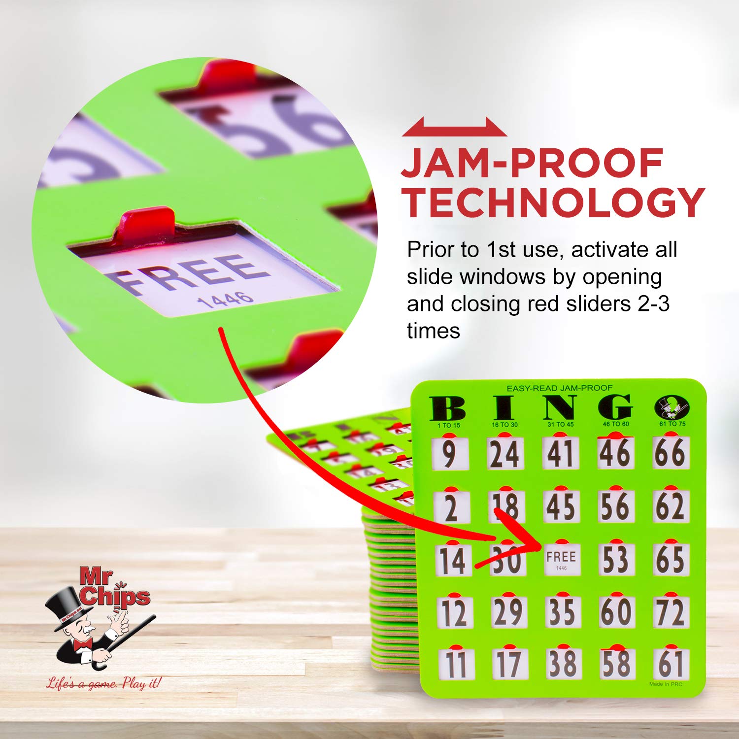 MR CHIPS 100 Bingo Cards with Sliding Windows and Master Board