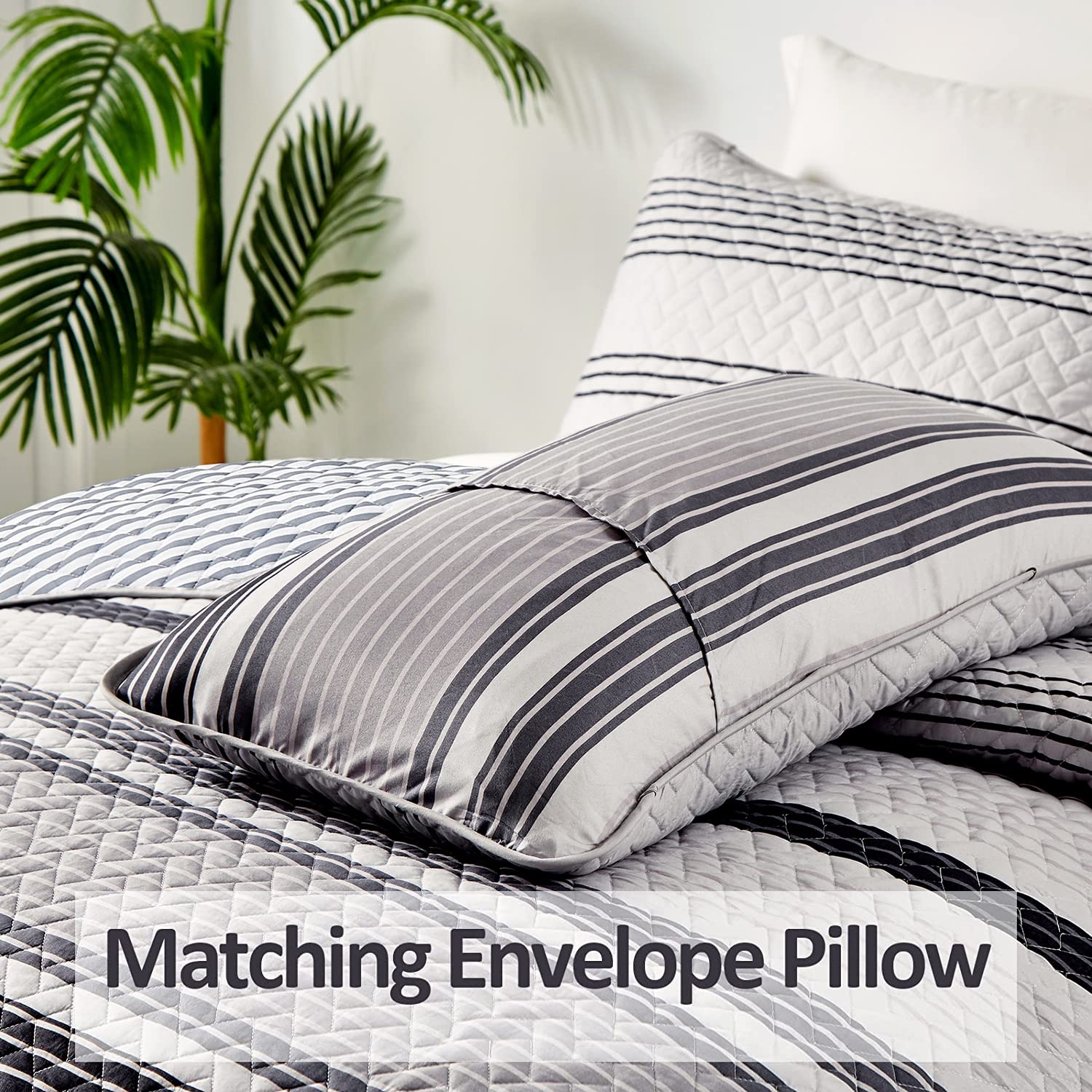 Mybedsoul Grey Boho Quilt Set King Size,3 Pieces Striped Bedspread,Soft Microfiber Coverlet for All Season-1 Quilt and 2 Pillow Shams,90"x104"