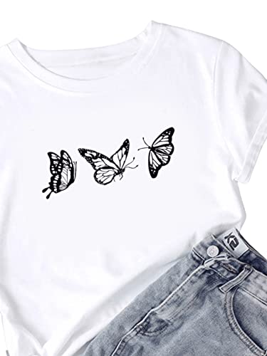 SweatyRocks Women's Heart Graphic Short Sleeve T Shirts Summer Tops White Butterfly L