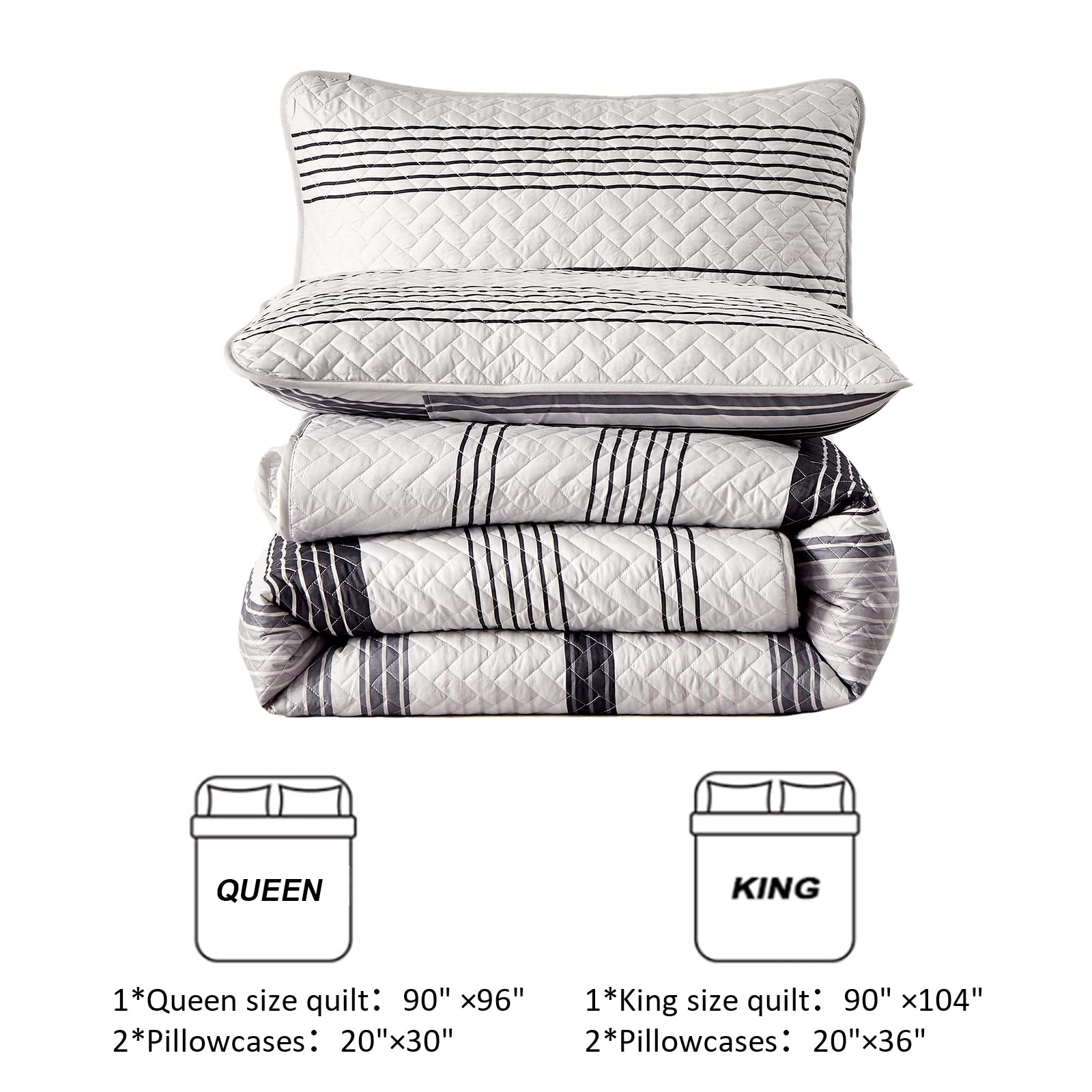 Mybedsoul Grey Boho Quilt Set King Size,3 Pieces Striped Bedspread,Soft Microfiber Coverlet for All Season-1 Quilt and 2 Pillow Shams,90"x104"