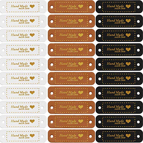 WILLBOND 30 Pieces Handmade Tags PU Leather Tags for Crochet Items Love Tags Handmade Tags for Crochet Knit Accessories with Holes for DIY Crafts Sewing Crochet Knitting Hats (Brown, Black, White)