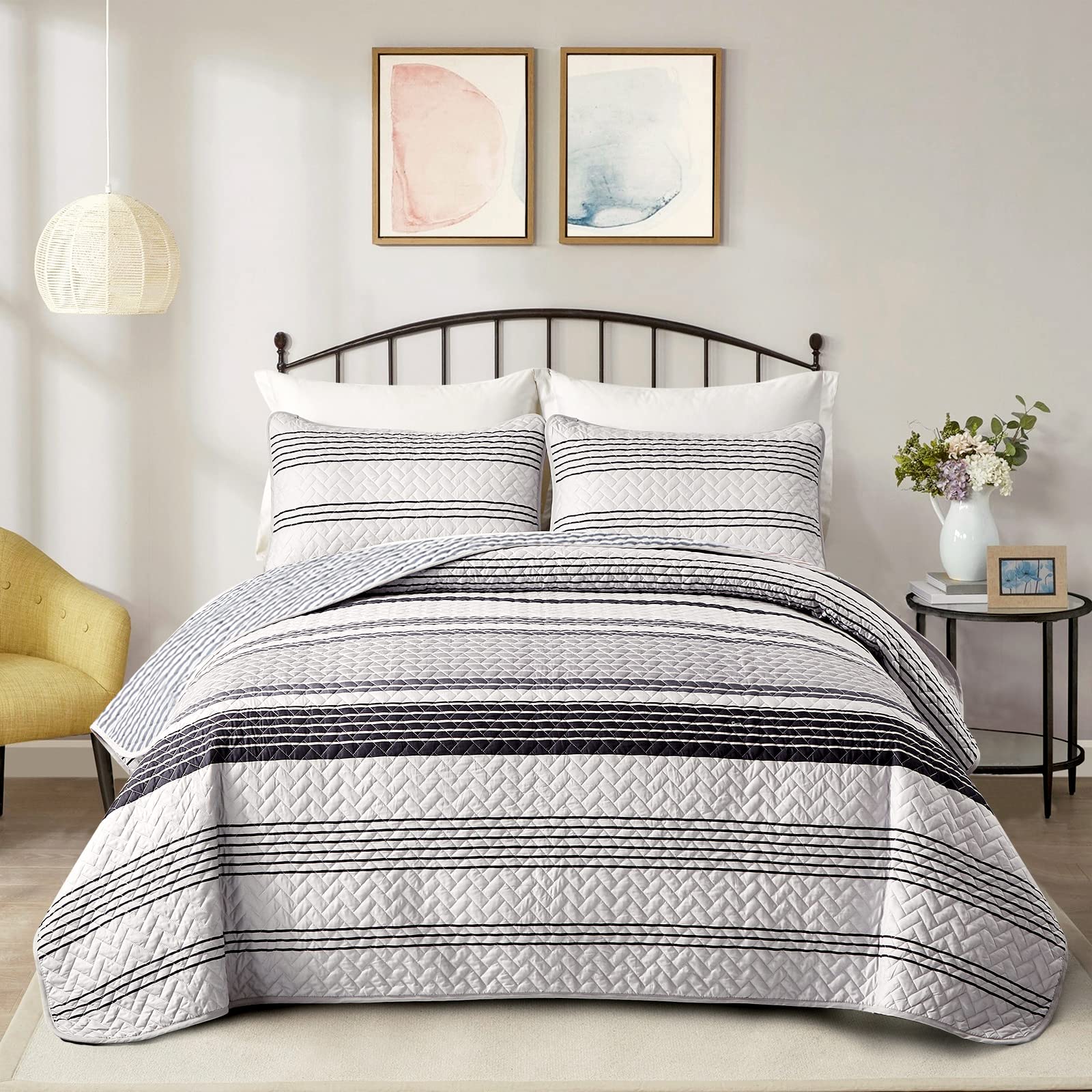 Mybedsoul Grey Boho Quilt Set King Size,3 Pieces Striped Bedspread,Soft Microfiber Coverlet for All Season-1 Quilt and 2 Pillow Shams,90"x104"