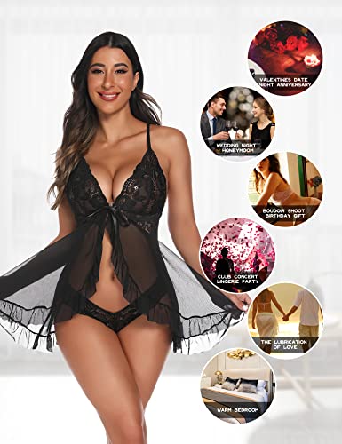 Queenfox Lingerie for Women Front Closure Babydoll Lace Chemise V Neck Ruffle Nightgown Sleepwear Black