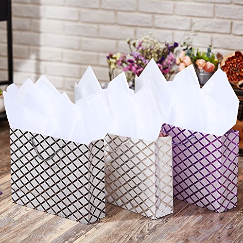 Set of 3 Medium Size Gift Bags with Handle, Assorted Color Diamond Pattern Glitter All Occasion Gift Wrapping Bags