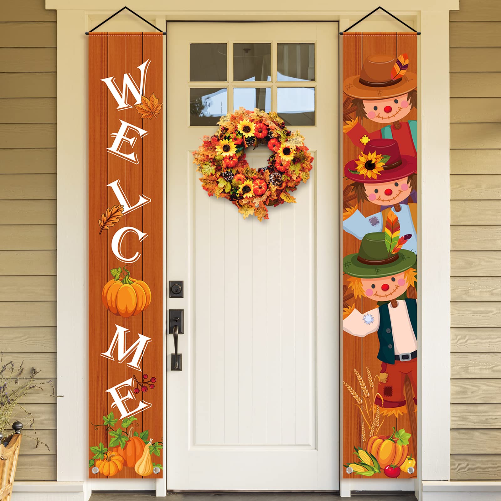 AnyDesign Scarecrow Welcome Hanging Banner Fall Thanksgiving Autumn Harvest Porch Sign Cute Cartoon Scarecrow Front Door Sign for Indoor Outdoor Home Wall Decoration, 12 x 72 Inch