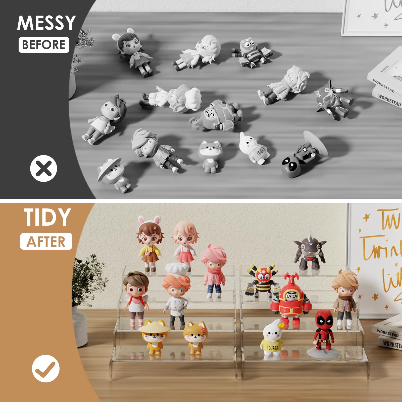 Anglelife 8 Pcs Widen Rectangle Display Stand, Clear Acrylic, 4 Levels, No Assembly Required