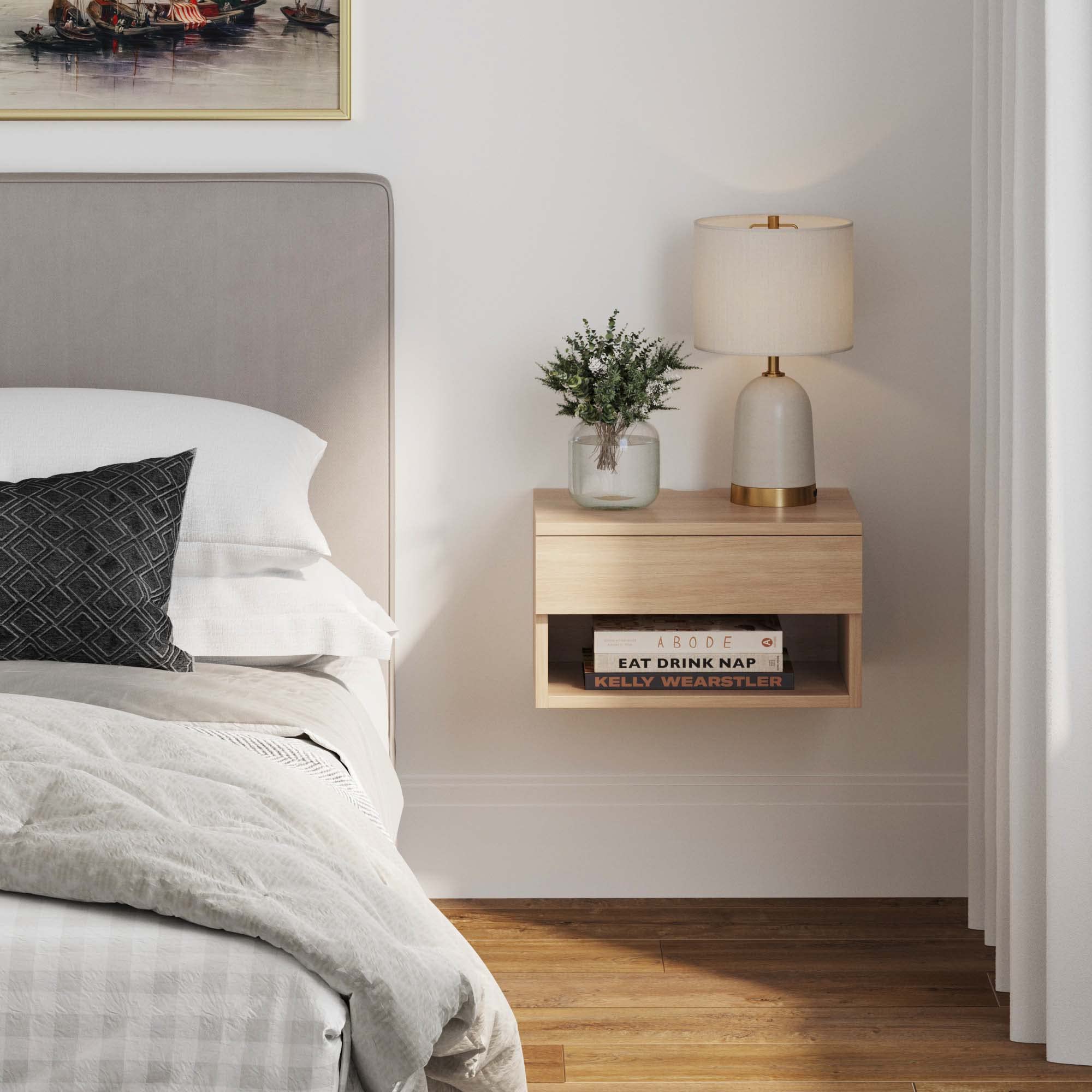 Nathan James Jackson Wall Mounted Floating Bedroom Nightstand with Storage Drawer and Modern Open Shelf Cubby, Light Oak Wood