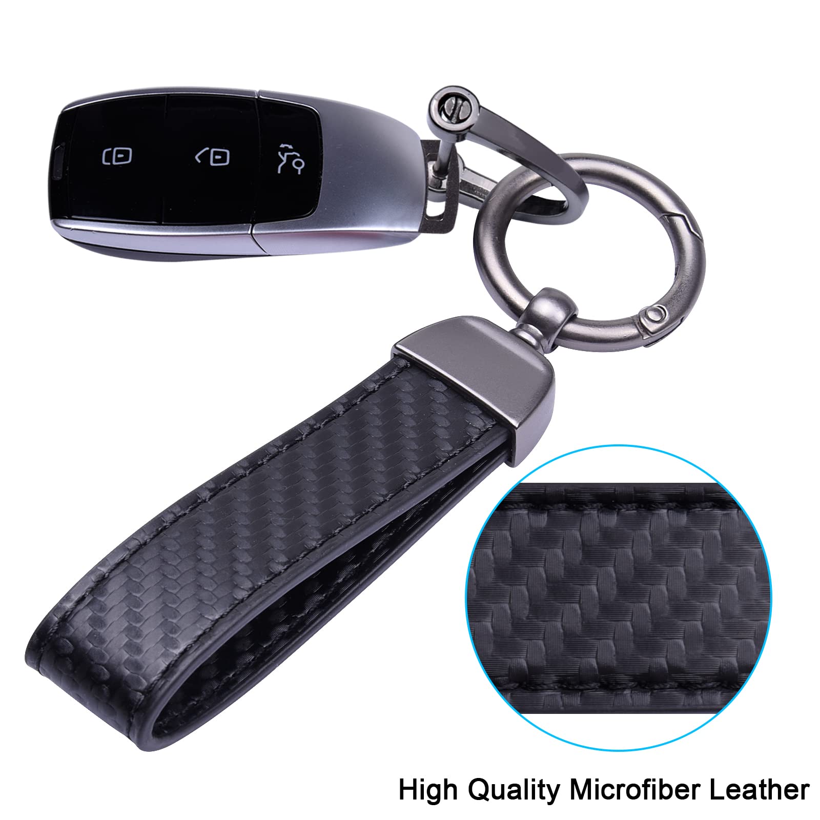 Wisdompro Carbon Fiber Style Car Keychain, Microfiber Leather Key Chain, Universal Key FOB Keychain Holder for Men and Women, with Anti-lost D-ring, 3 Keyrings - Black (with flat connector)