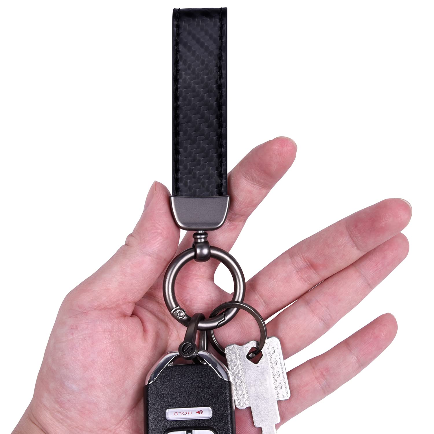 Wisdompro Carbon Fiber Style Car Keychain, Microfiber Leather Key Chain, Universal Key FOB Keychain Holder for Men and Women, with Anti-lost D-ring, 3 Keyrings - Black (with flat connector)