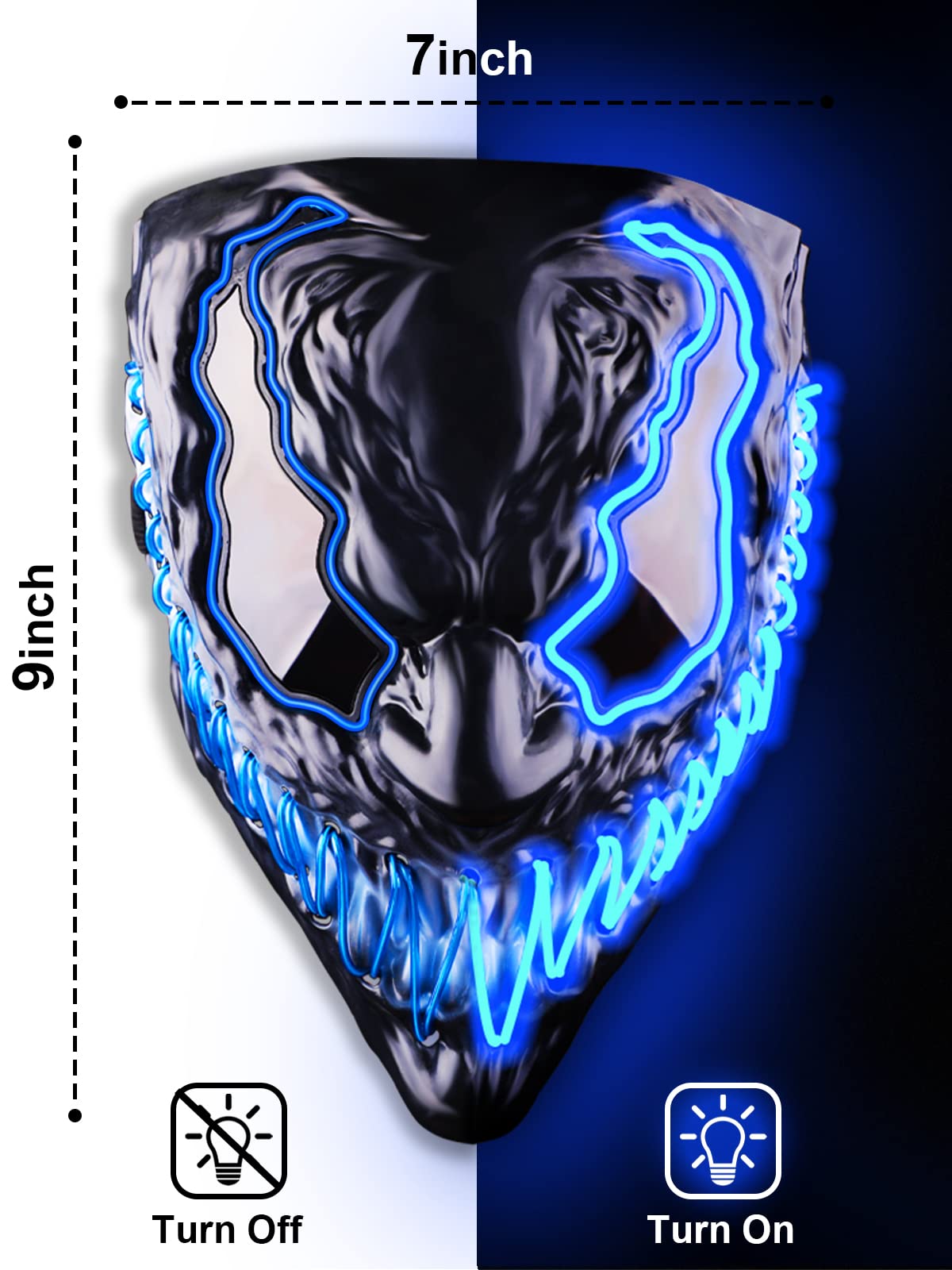 Quanquer LED Light Up Mask for Adults Kids, Unique Neon Glow Masks with Dark and Evil Glowing Eyes, Conspicuous Menacingly Cool Halloween Costume for Men Women Cosplay-Blue